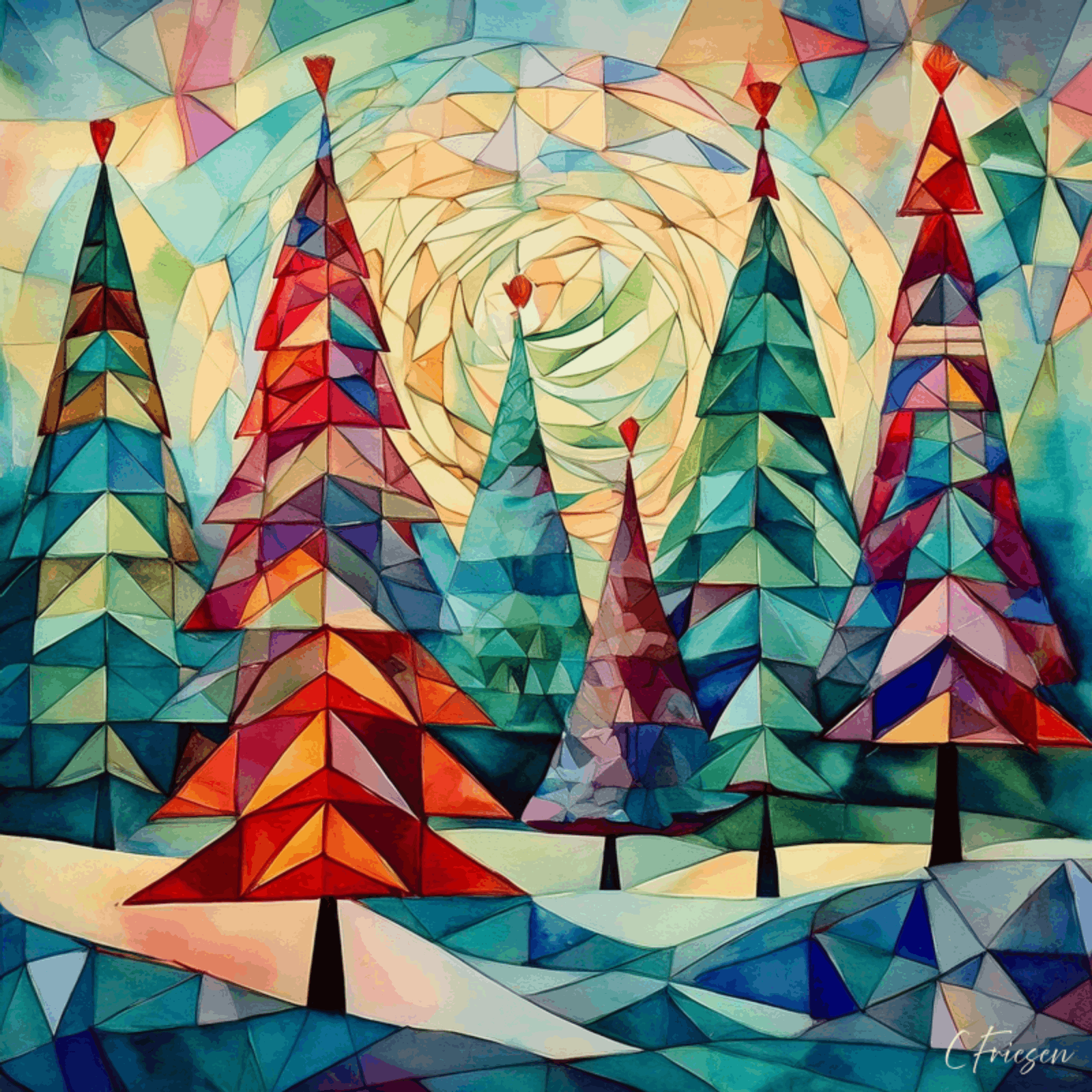 Quilted Trees I – Square Quiltscape Holiday Notecard | Quiltberry Farm