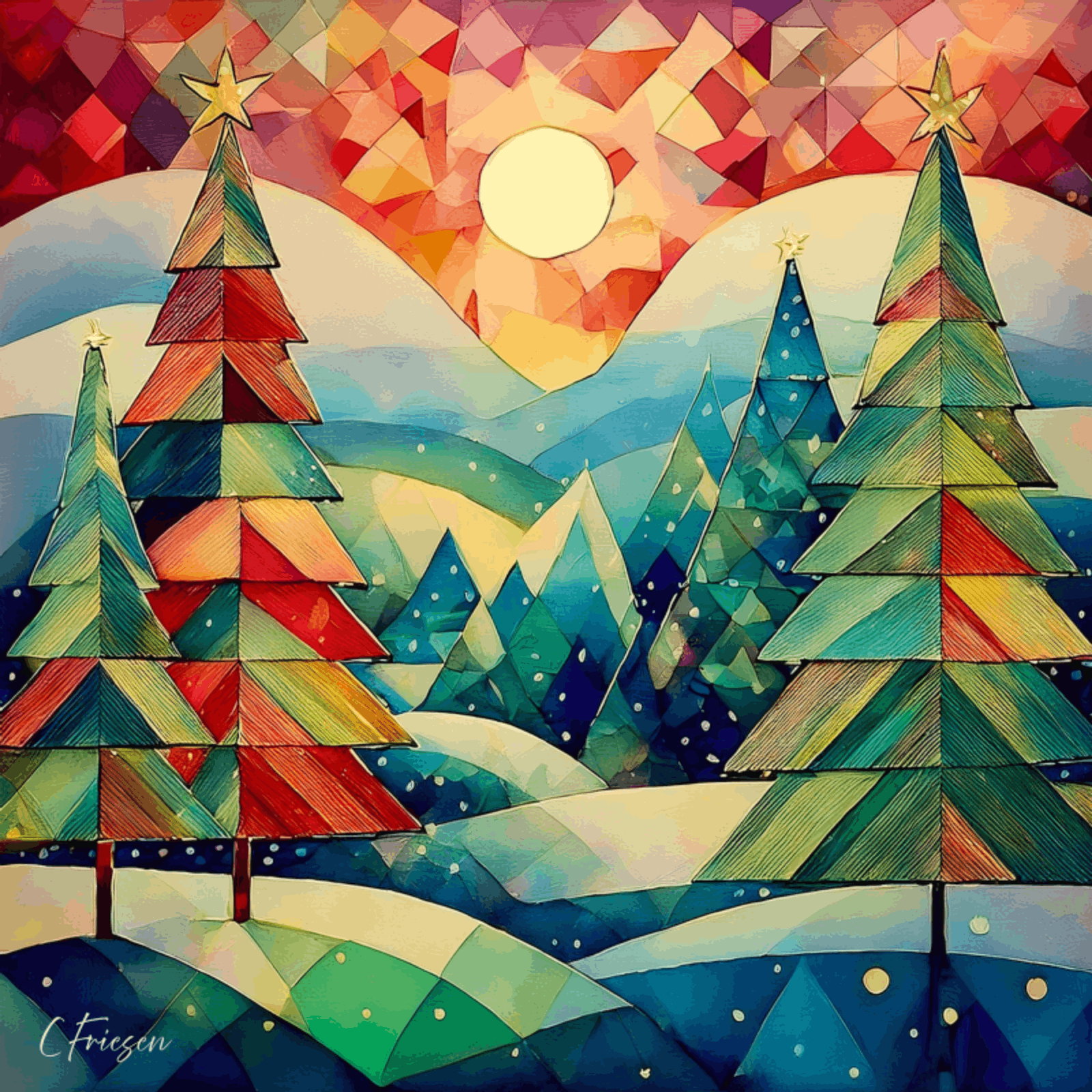 Quilted Trees II – Square Quiltscape Holiday Notecard | Quiltberry Farm